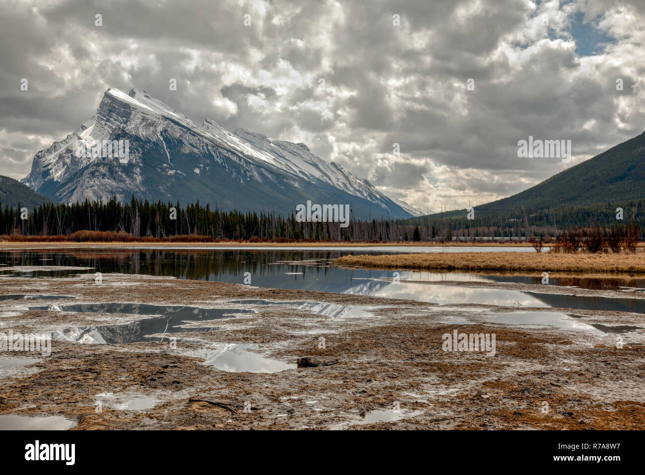 Mount Rundle and Vermilion Lakes with snow capped and reflection in ...