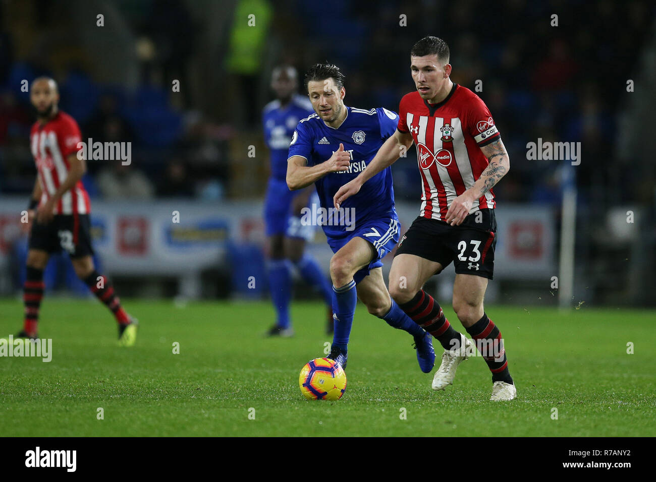 Cardiff, UK. 8th Dec 2018. Pierre-Emile Hojbjerg of Southampton goes ...