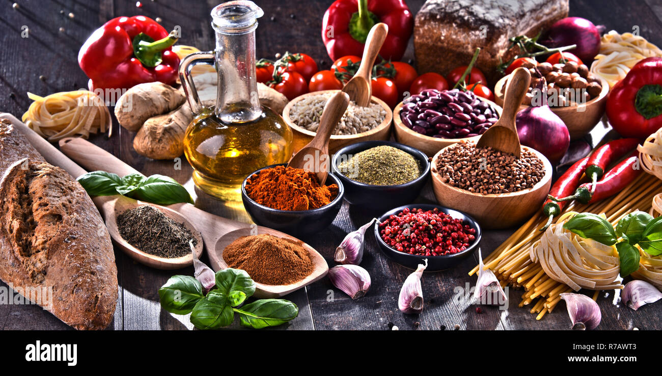 Composition with assorted organic food products on the table Stock ...