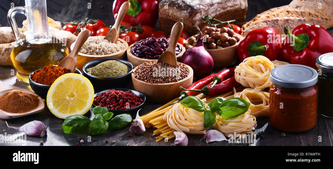 Composition with assorted organic food products on the table Stock ...