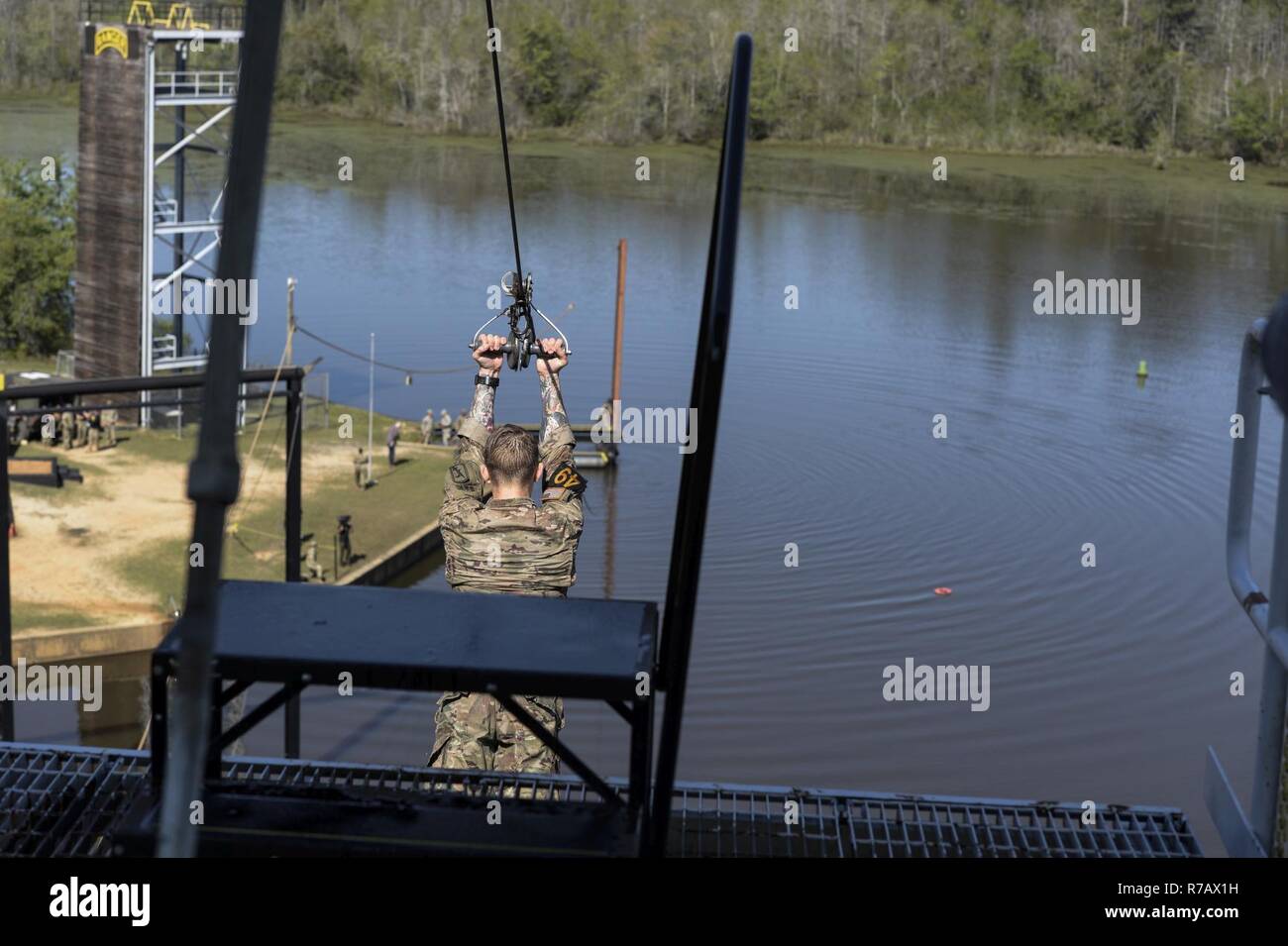 A U.S. Army Ranger, assigned to National Guard, zip-lines into Victory ...