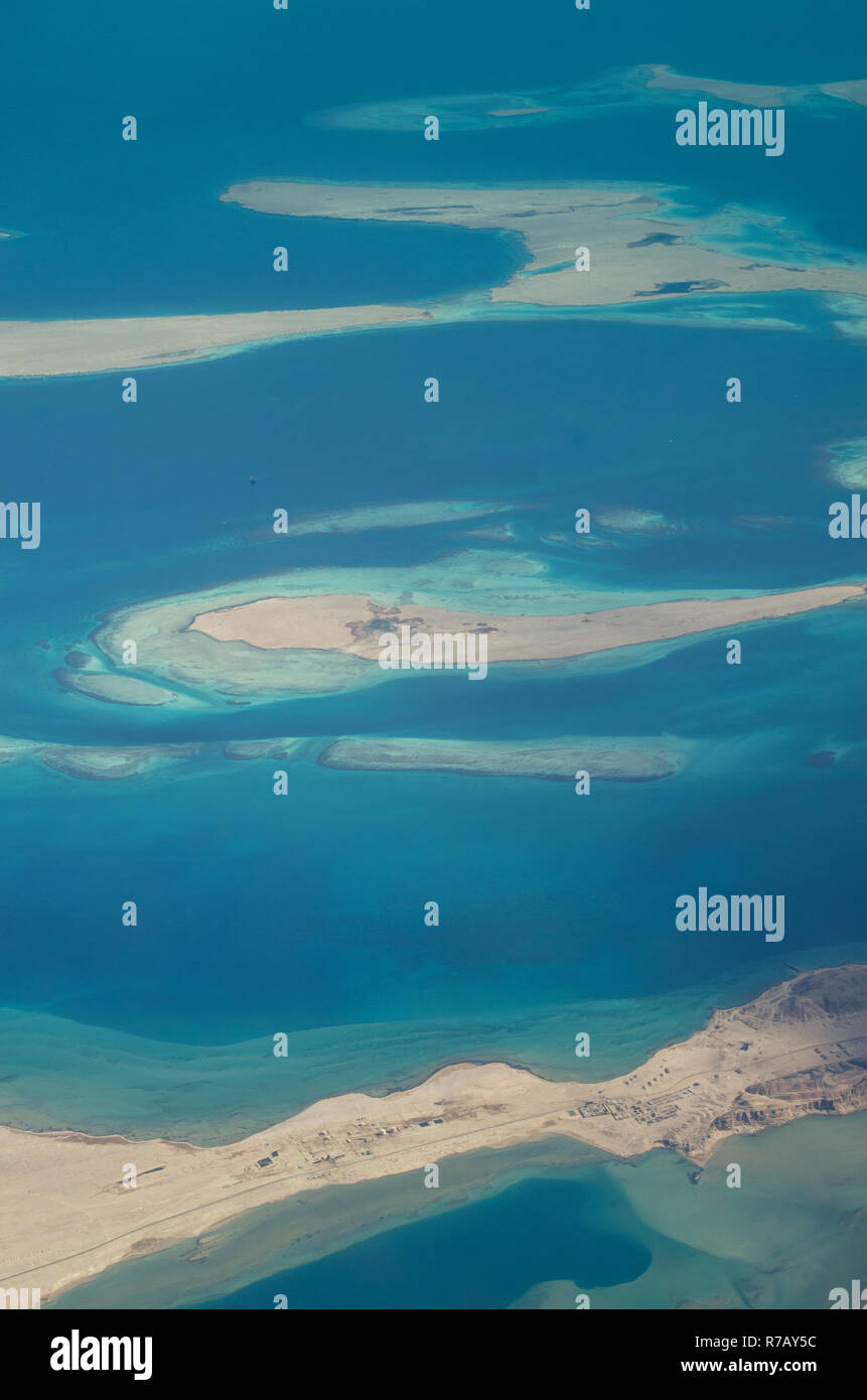 Aerial view of Hurghada seaside and islands in the Red sea. Airplane ...