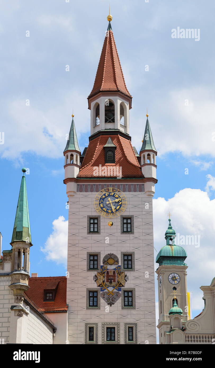 Clock tower of Munich Old Town Hall on central square Marienplatz Stock ...