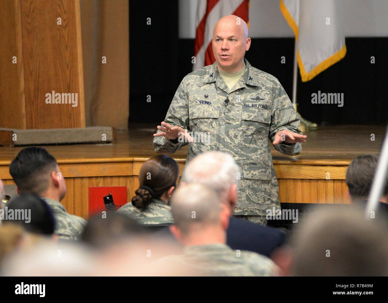Col. Roman L. Hund, 66th Air Base Group commander, speaks to military ...