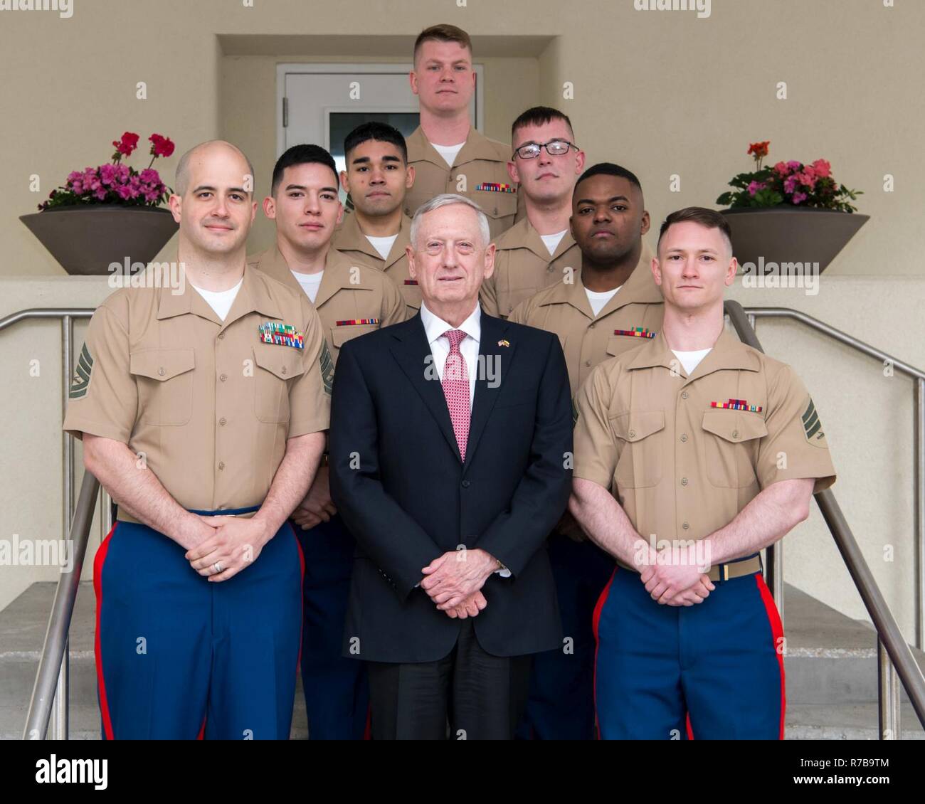 Secretary of Defense Jim Mattis poses for a photo with U.S. Marines at ...