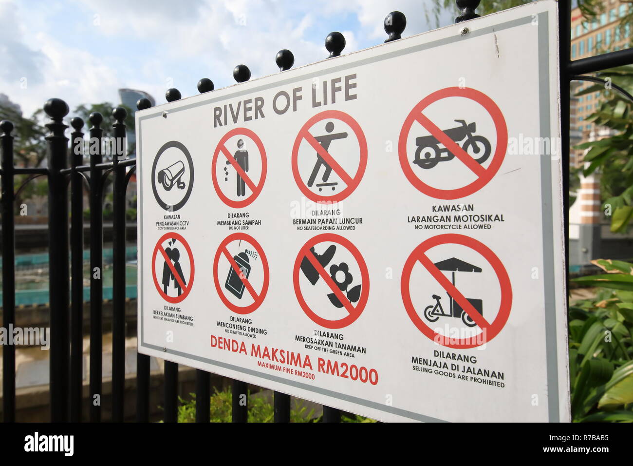 Riverbank warning sign displays banned activities in Kuala Lumpur ...