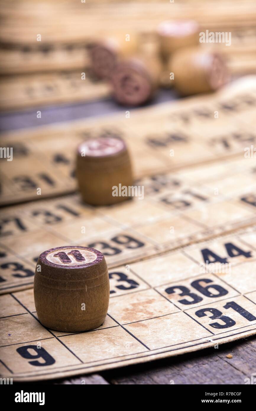 old wooden lotto barrels and game cards Stock Photo - Alamy