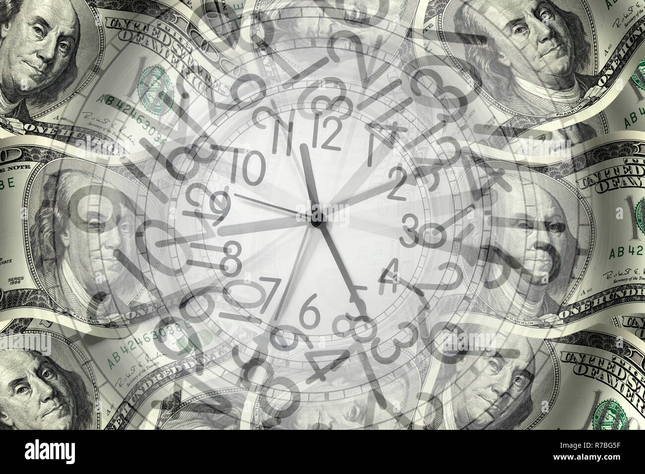 clock on dollar bill background Stock Photo - Alamy