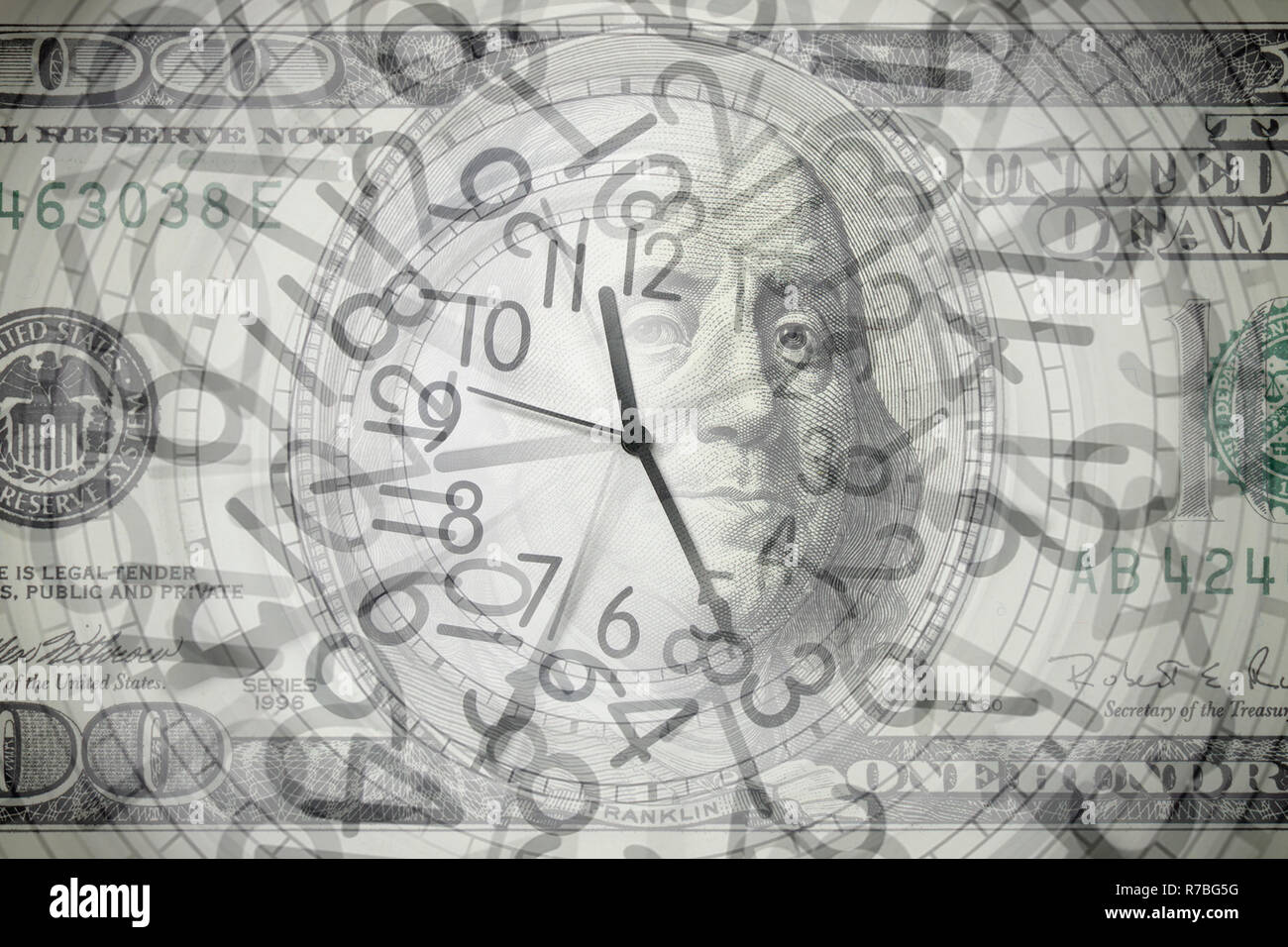 clock on dollar bill background Stock Photo - Alamy