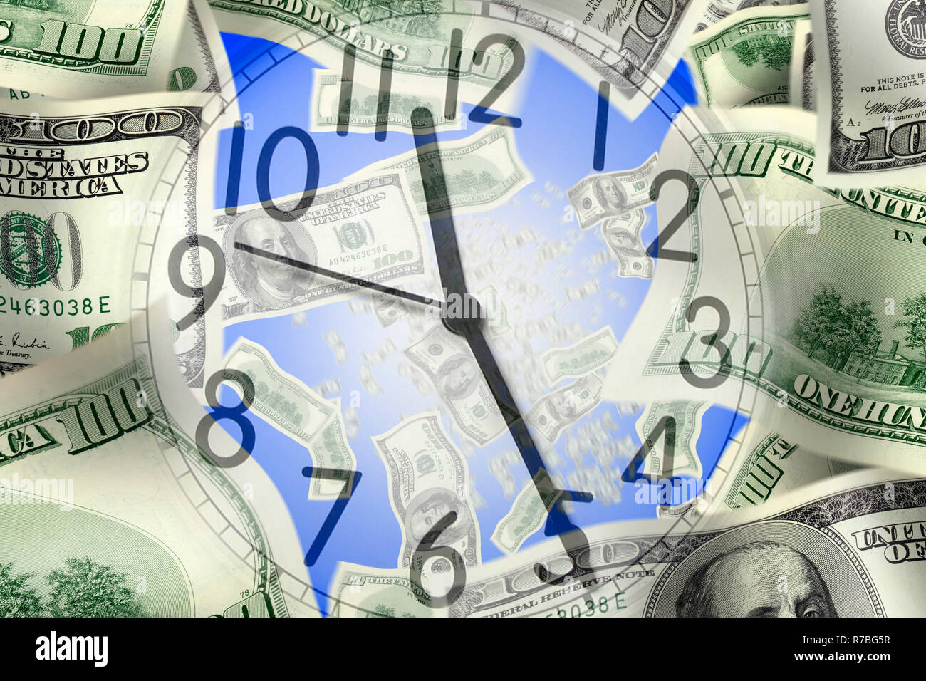 clock on dollar bill background Stock Photo - Alamy