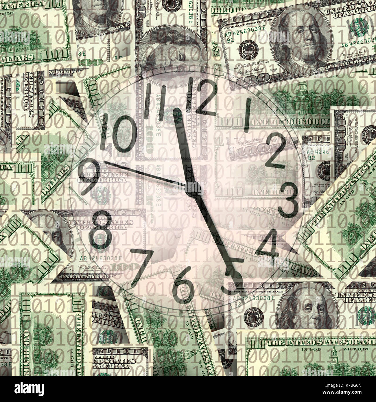 clock on dollar bill background Stock Photo - Alamy