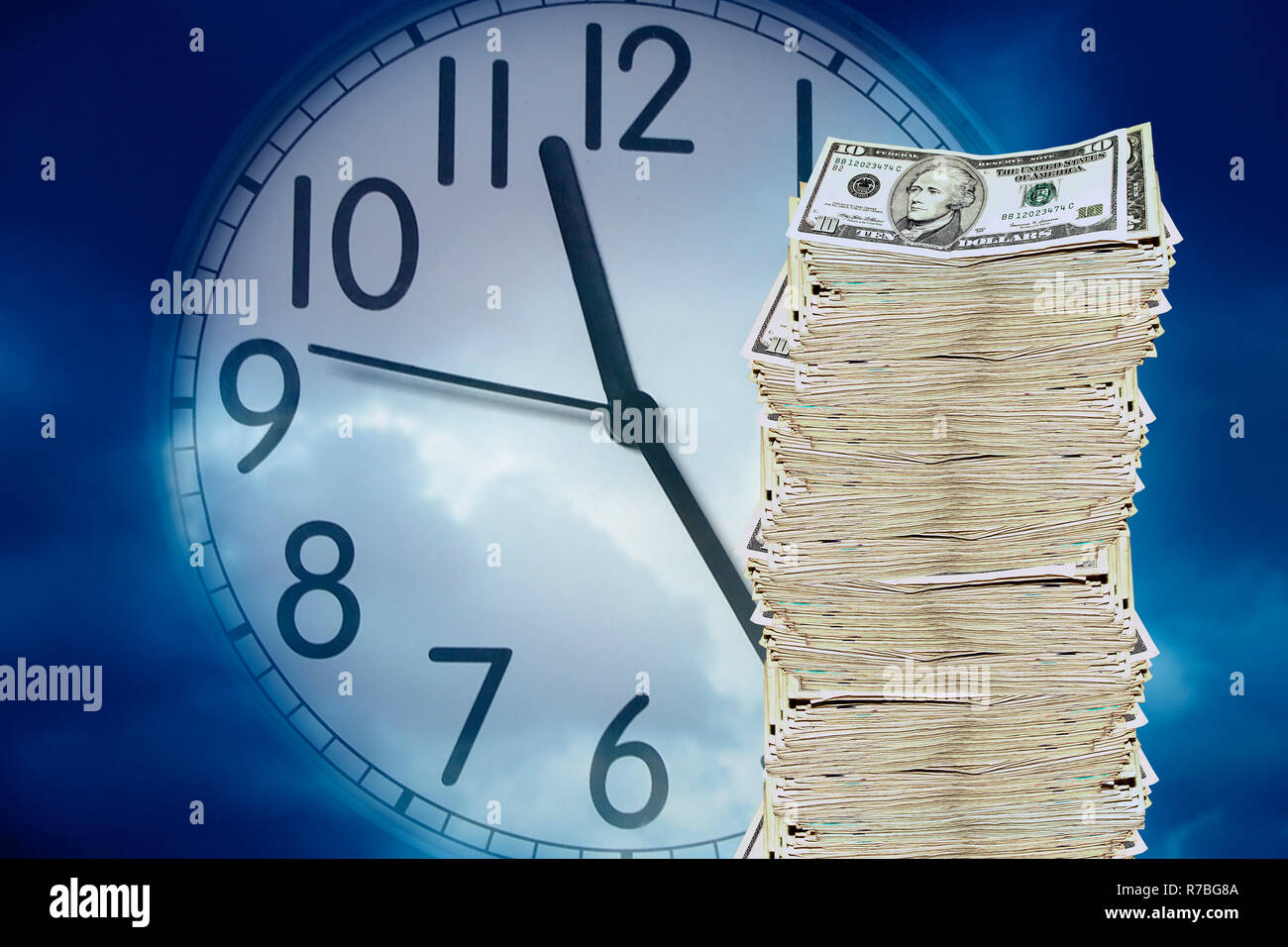 clock on dollar bill background Stock Photo - Alamy