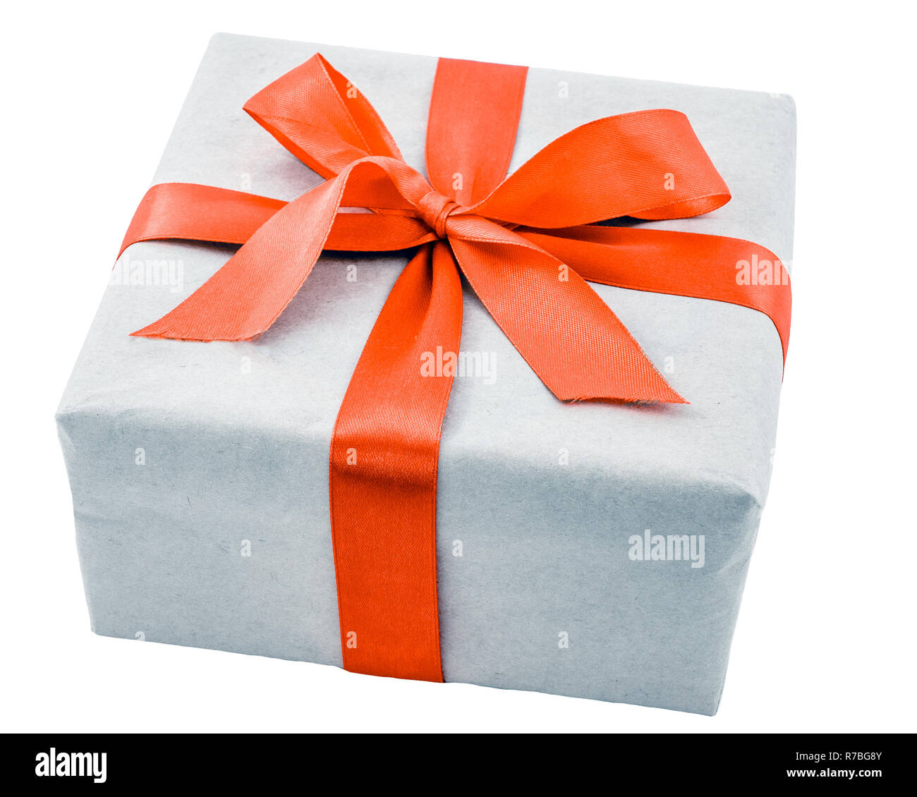 grey gift box with coral ribbon bow isolated on white background Stock ...