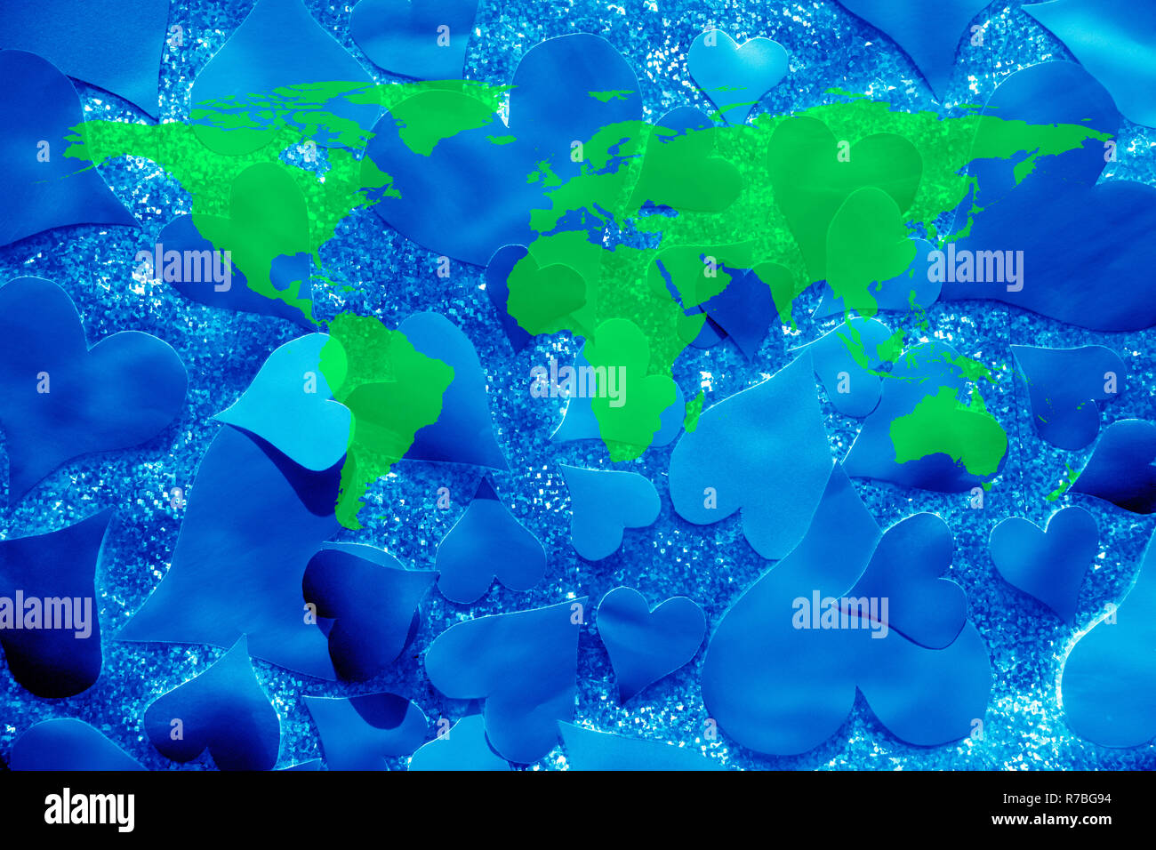 world map on blue paper hearts Stock Photo - Alamy