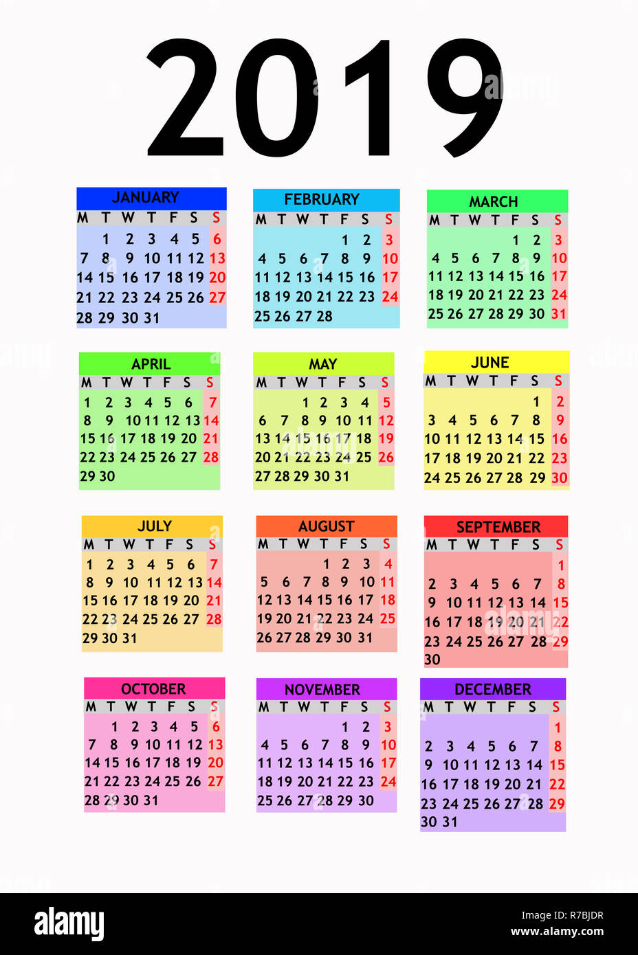Year 2019 calendar. Colorful design for calendar 2019. Calendar on ...