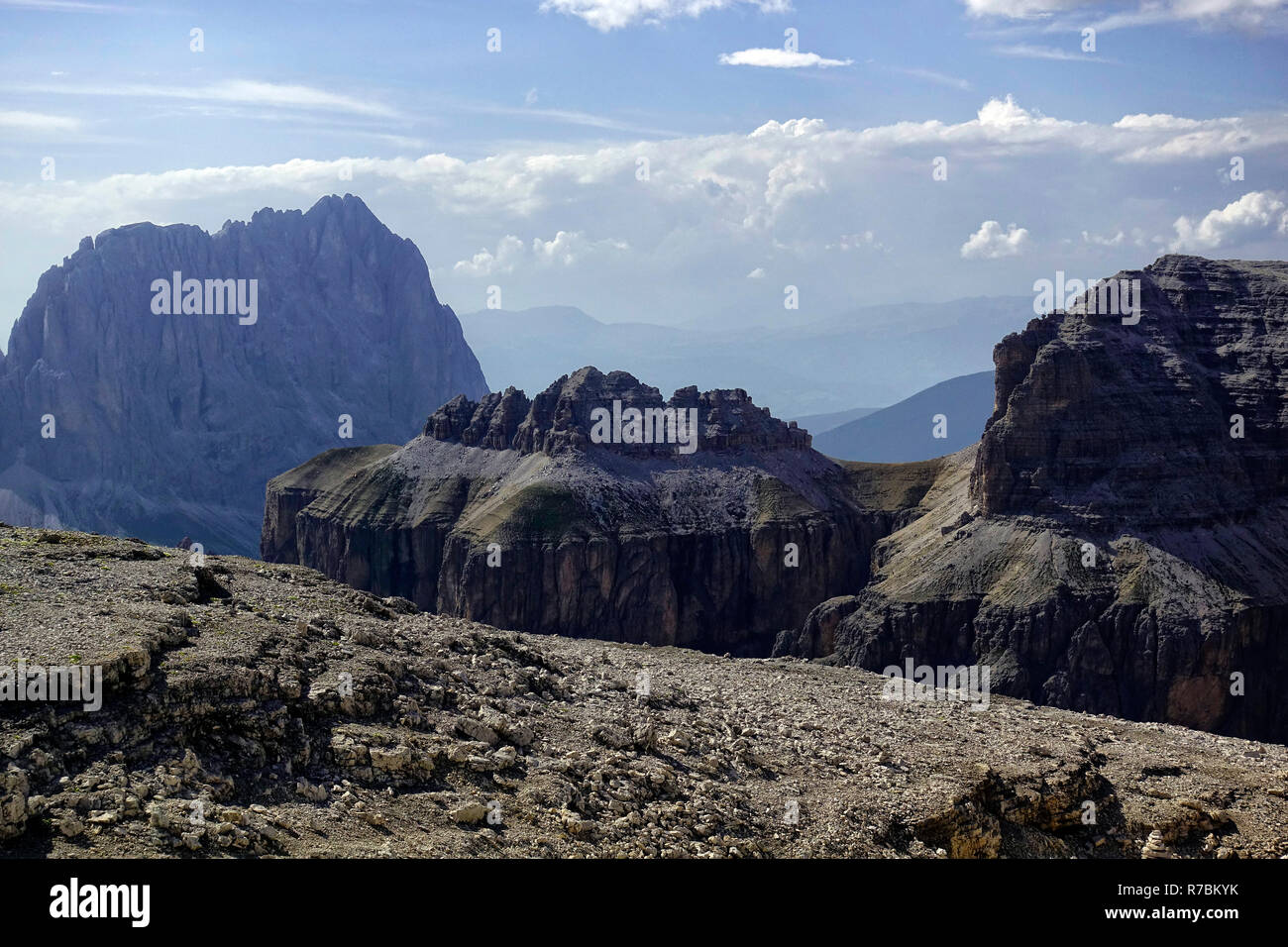 Summer view of Sella Towers and Piz Boè from Passo Pordoi, Canazei ...