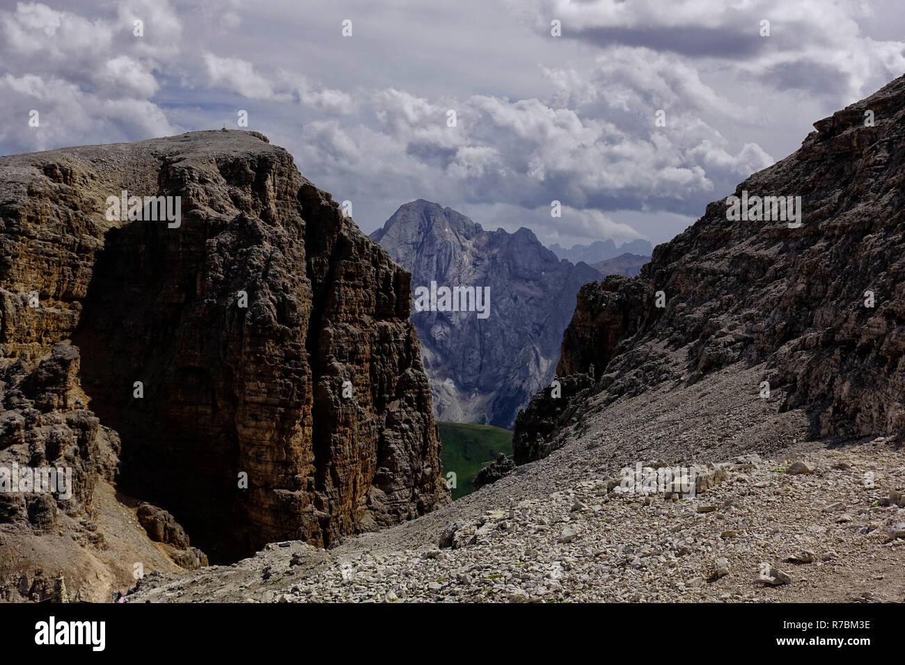 Summer view of Sella Towers and Piz Boè from Passo Pordoi, Canazei ...