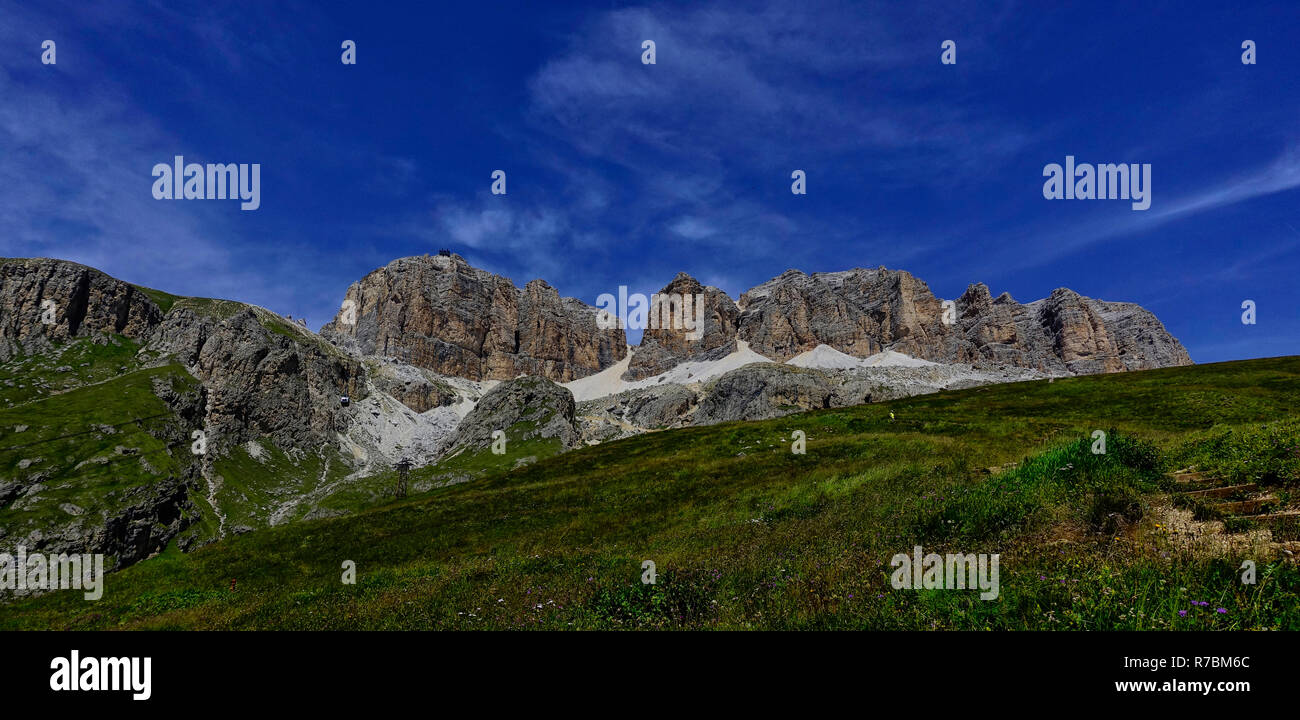 Summer view of Sella Towers and Piz Boè from Passo Pordoi, Canazei ...