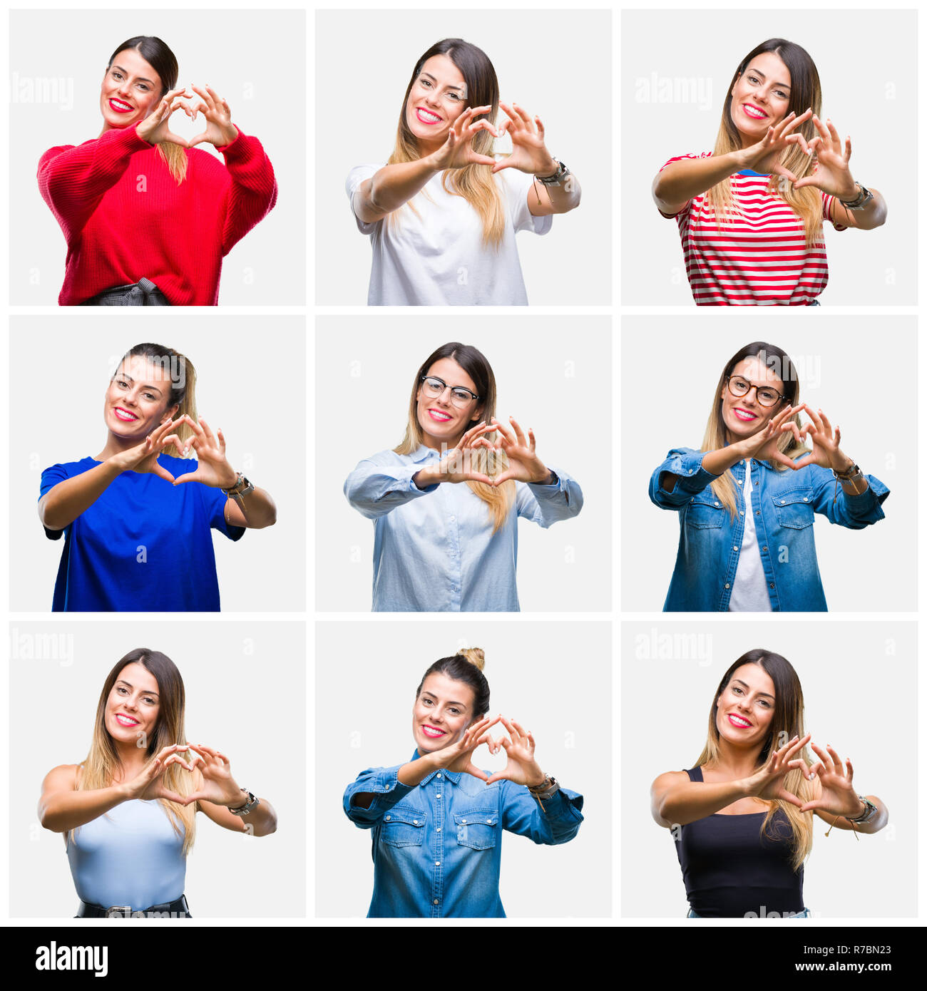 Collage of young beautiful woman over isolated background smiling in ...