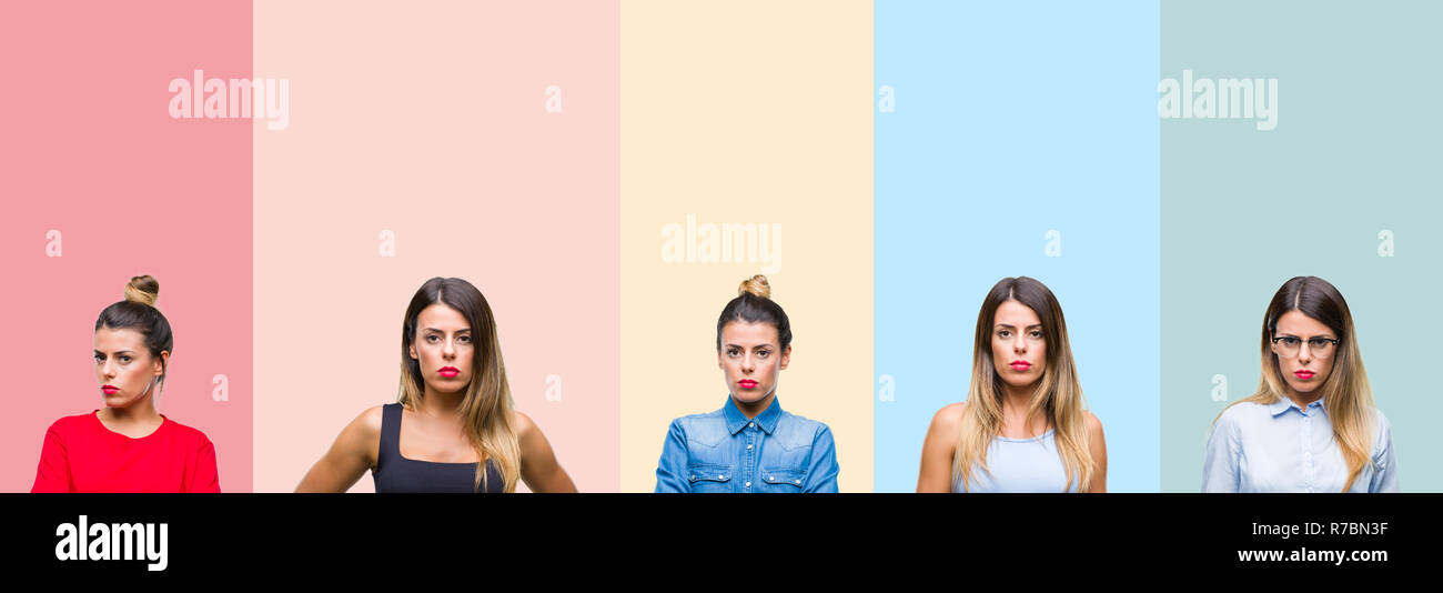 Collage of young beautiful woman over colorful stripes isolated ...