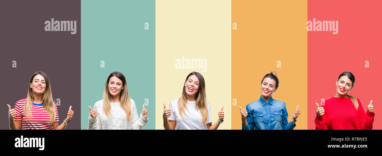 Collage of young beautiful woman over colorful vintage isolated ...