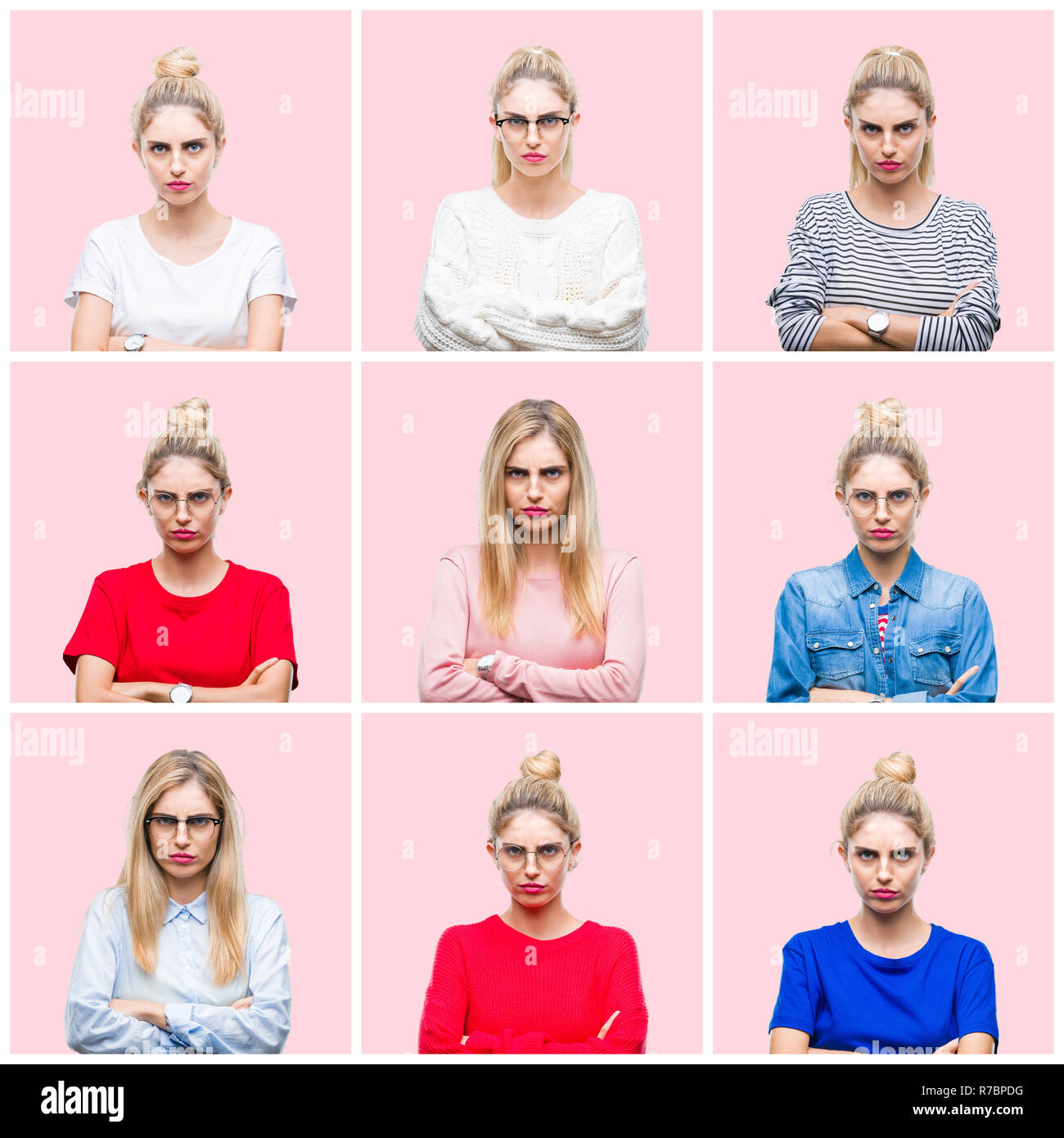 Collage of young beautiful blonde woman over pink isolated background ...