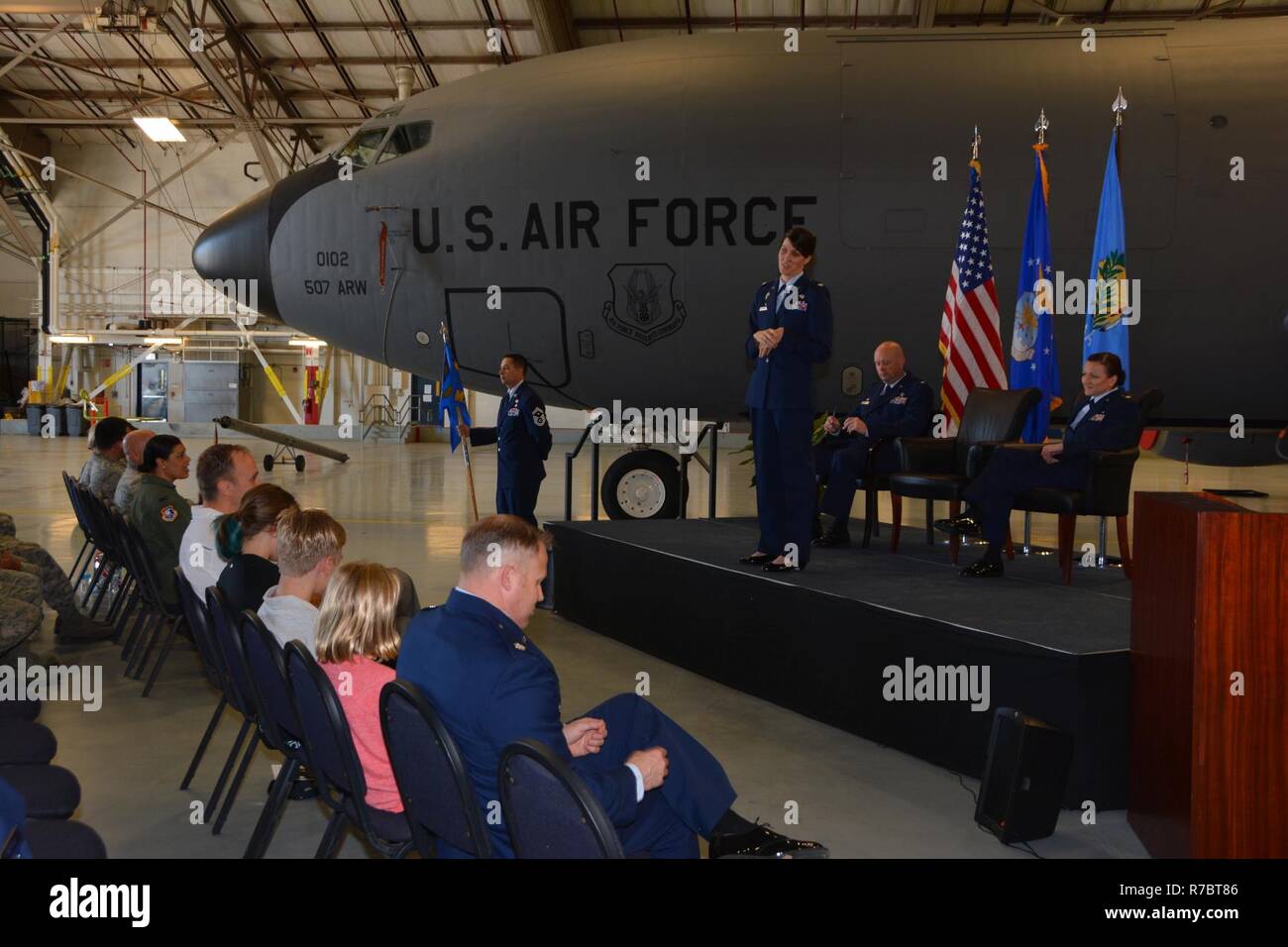 Lt. Col. Erin Cook, 507th Maintenance Squadron commander, addresses the ...