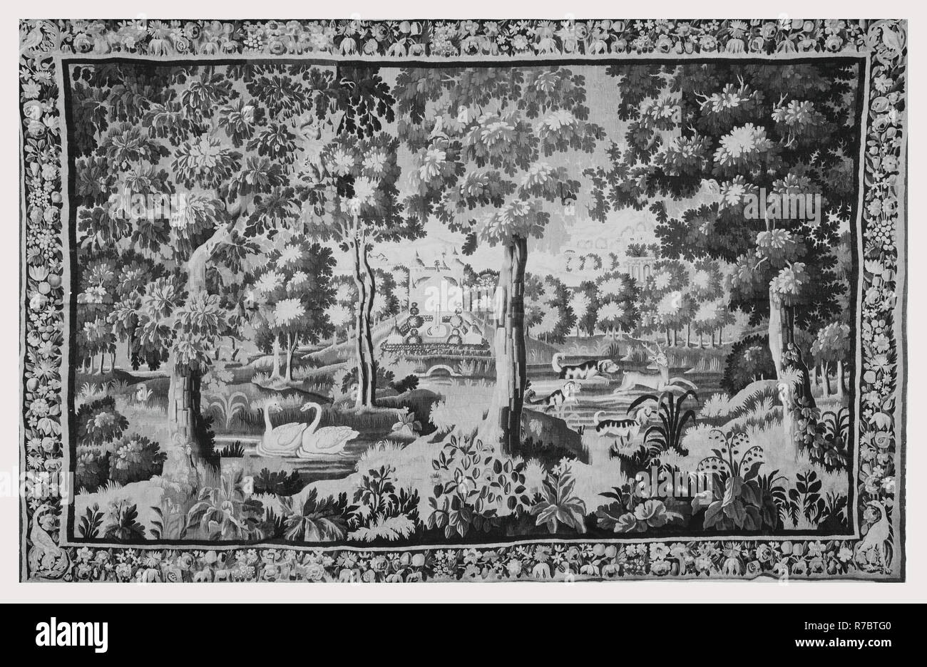 Landscape with swans, park and hounds chasing stag Stock Photo - Alamy