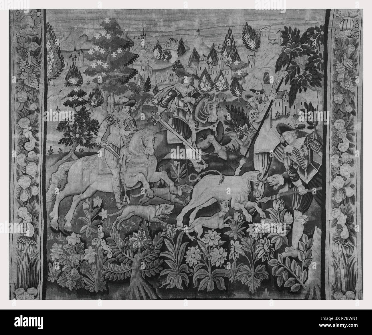 Landscape with gentlemen hunting bull Stock Photo - Alamy