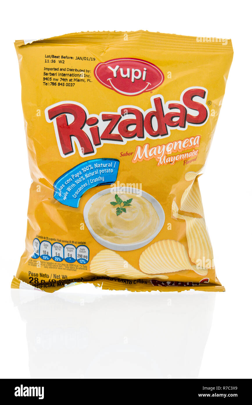 Winneconne, WI - 25 November 2018: A package of Yupi Rizadas mayonnaise ...