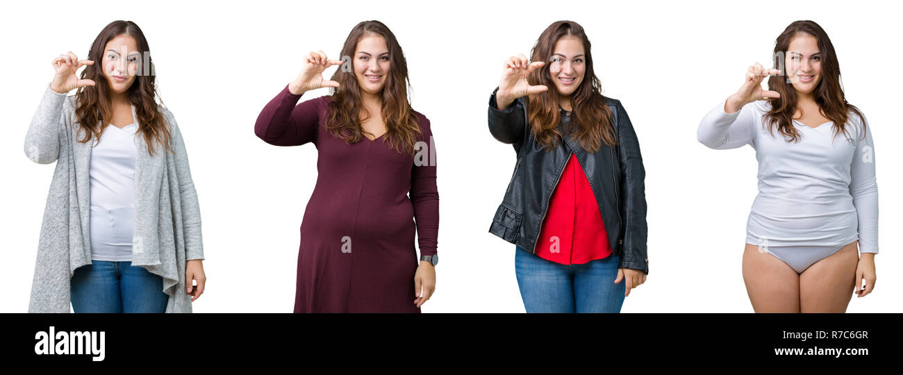 Collage of beautiful plus size woman over isolated background smiling ...