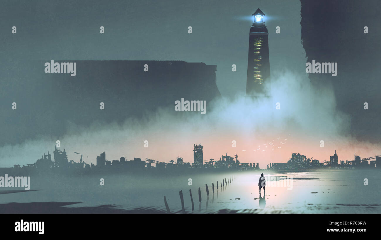 night scenery of the big lighthouse in futuristic world, digital art ...