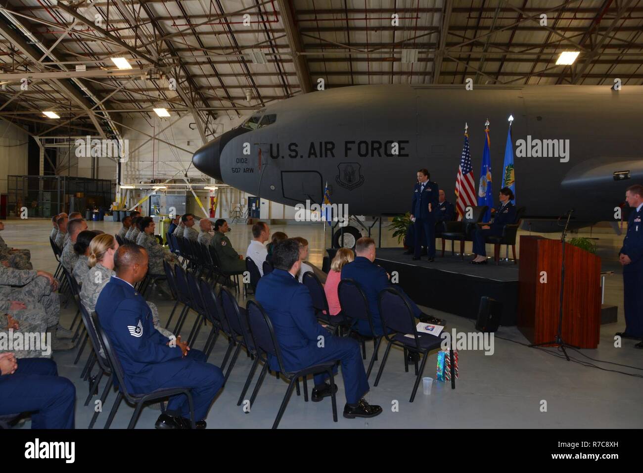 Maj. Melissa Jones, 507th Maintenance Squadron commander, addresses the ...