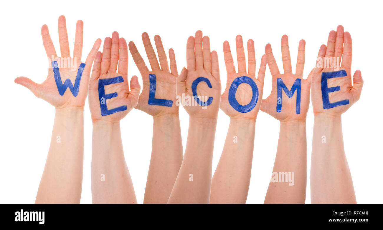 Many Hands Building English Word Welcome. Hands Are On White And ...