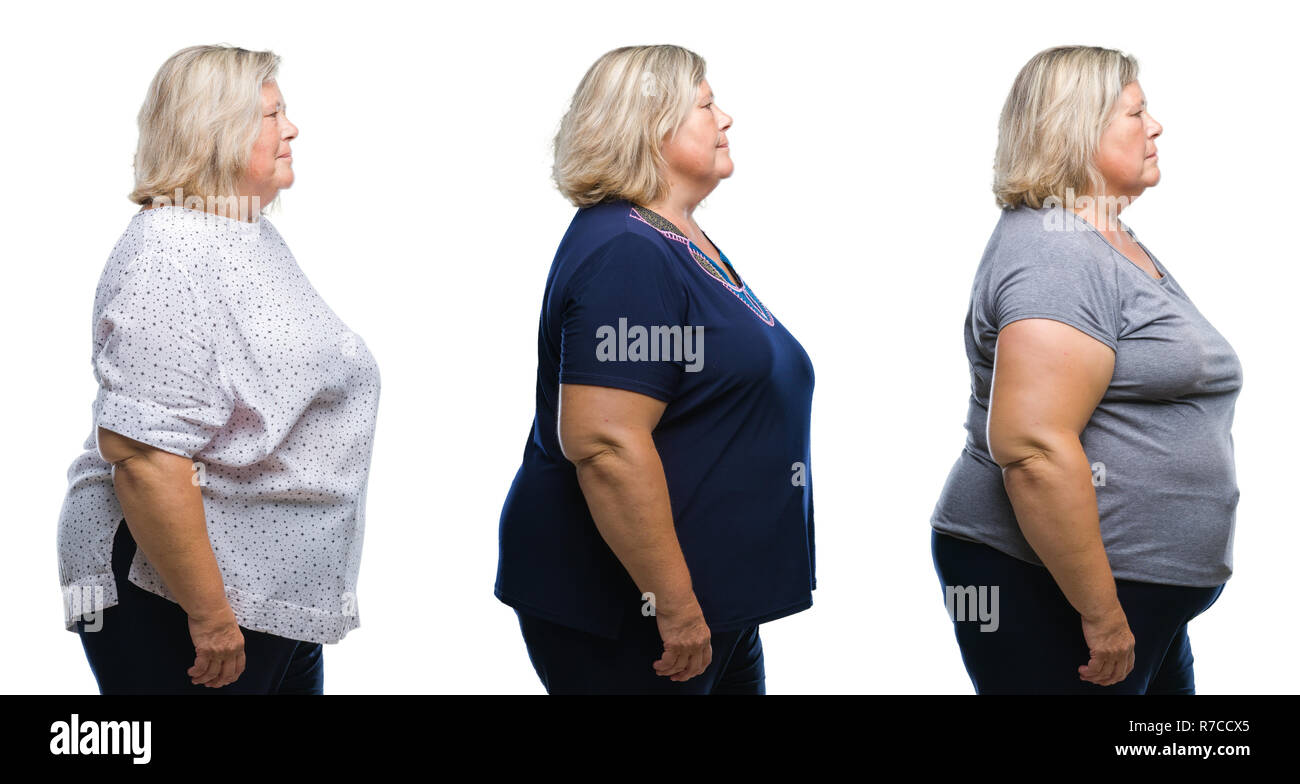 Collage of senior fat woman over isolated background looking to side ...