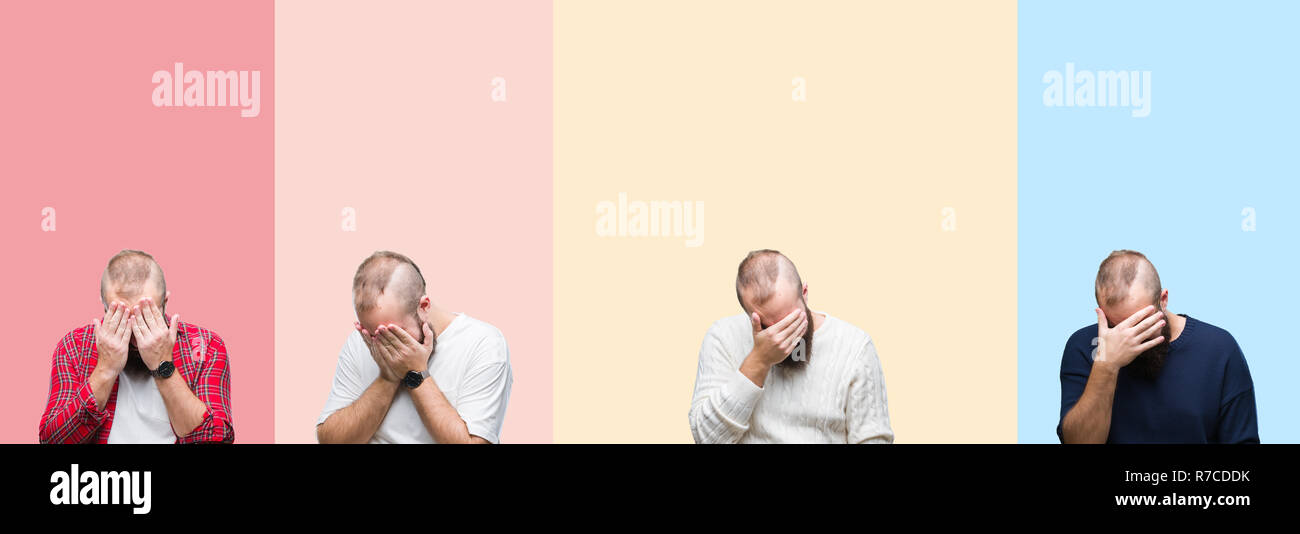 Collage of young man with beard over colorful stripes isolated ...