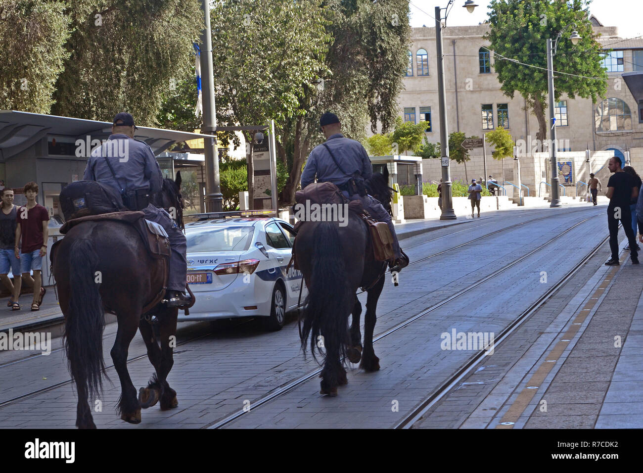 Jerusalem, Israel - 07 September, 2018: Mounted police at the tram stop ...