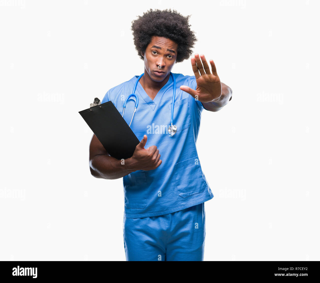 Afro american surgeon doctor holding clipboard man over isolated ...