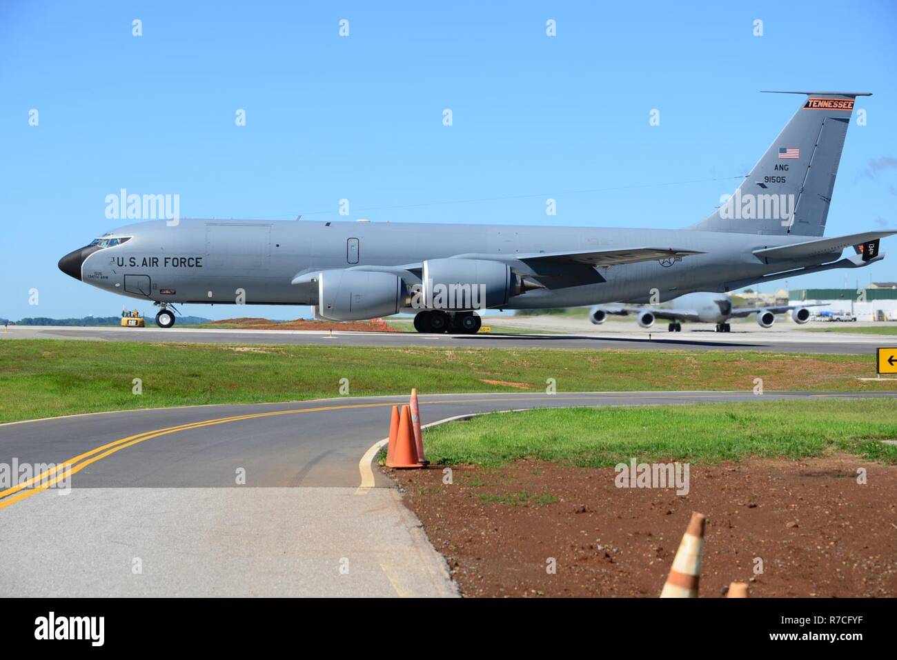 A KC-135R Stratotanker from the 134th Air Refueling Wing taxies during ...