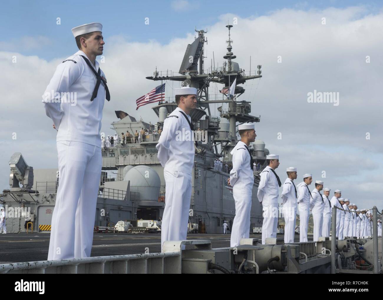 SAN DIEGO (May 15, 2017) - Sailors man the rails aboard USS Makin ...