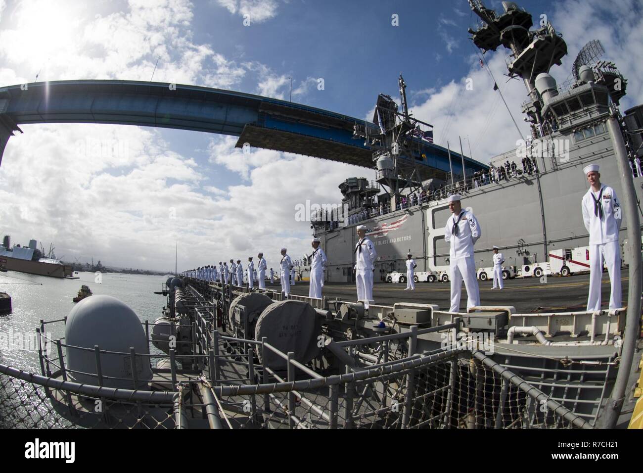 SAN DIEGO (May 15, 2017) - Sailors man the rails aboard USS Makin ...