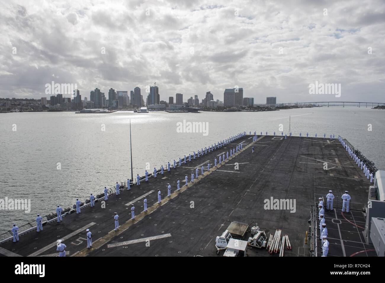 SAN DIEGO (May 15, 2017) - Sailors man the rails aboard USS Makin ...