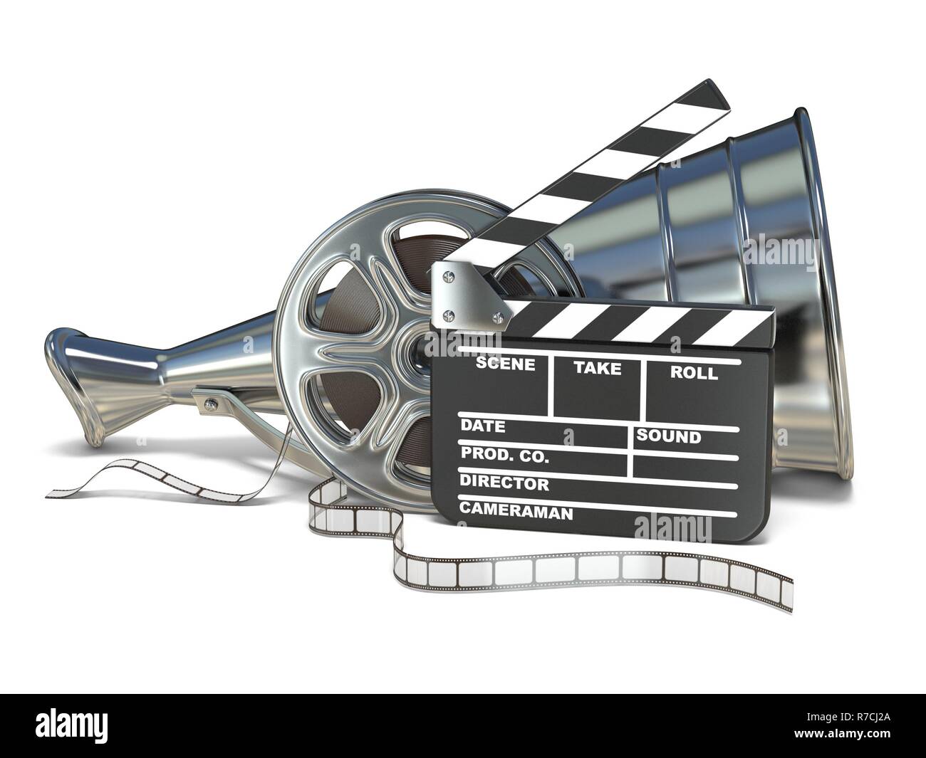 Megaphone, film reels and movie clapper board 3D rendering illustration ...