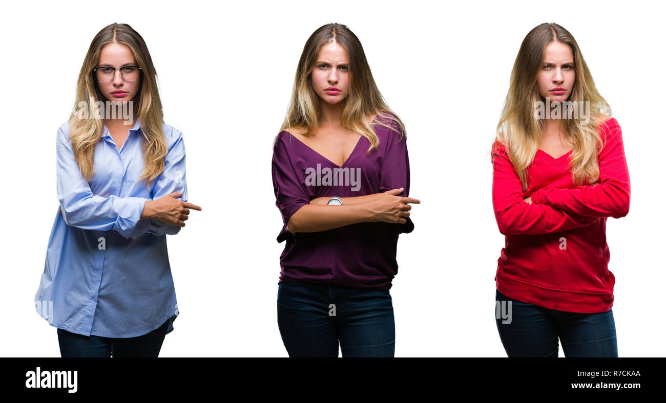 Collage of young beautiful blonde woman over isolated background ...