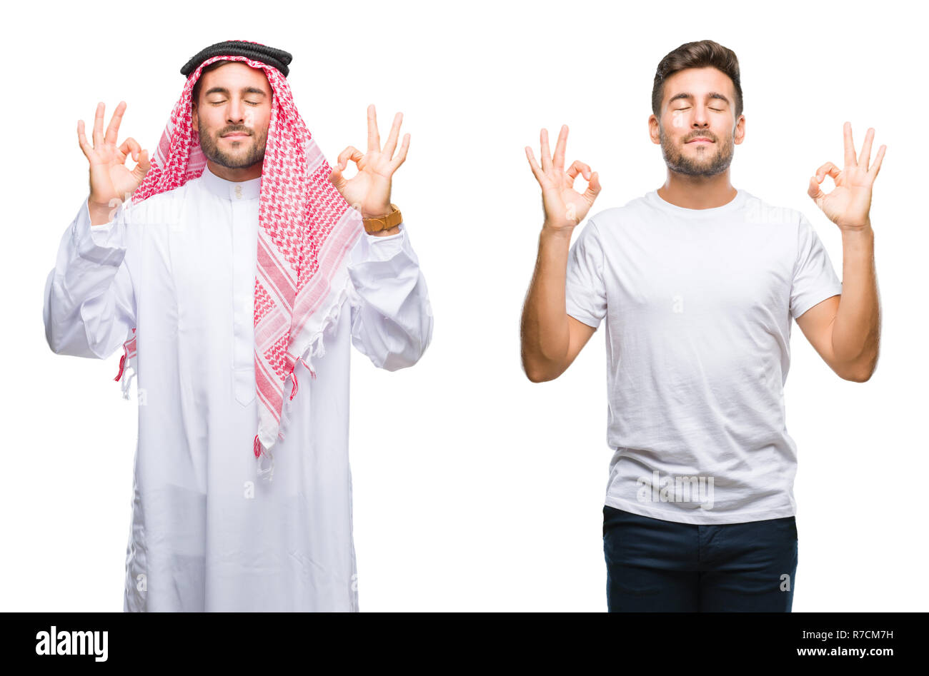 Collage of handsome young man and arab man over isolated background ...