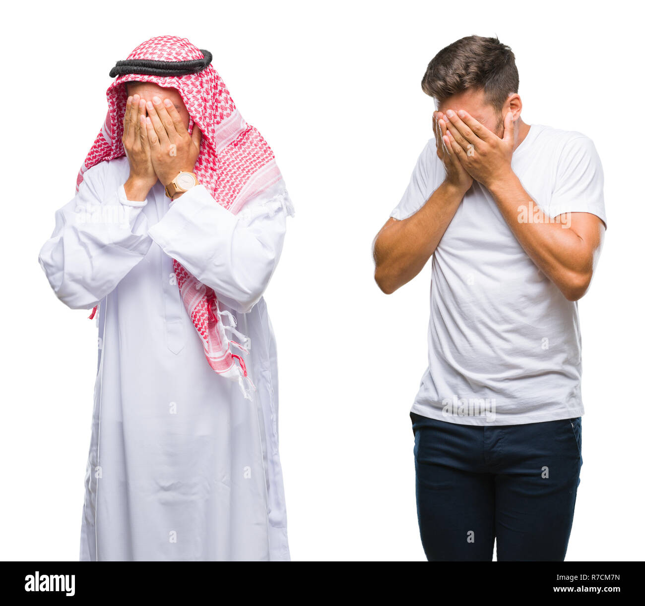 Collage of handsome young man and arab man over isolated background ...