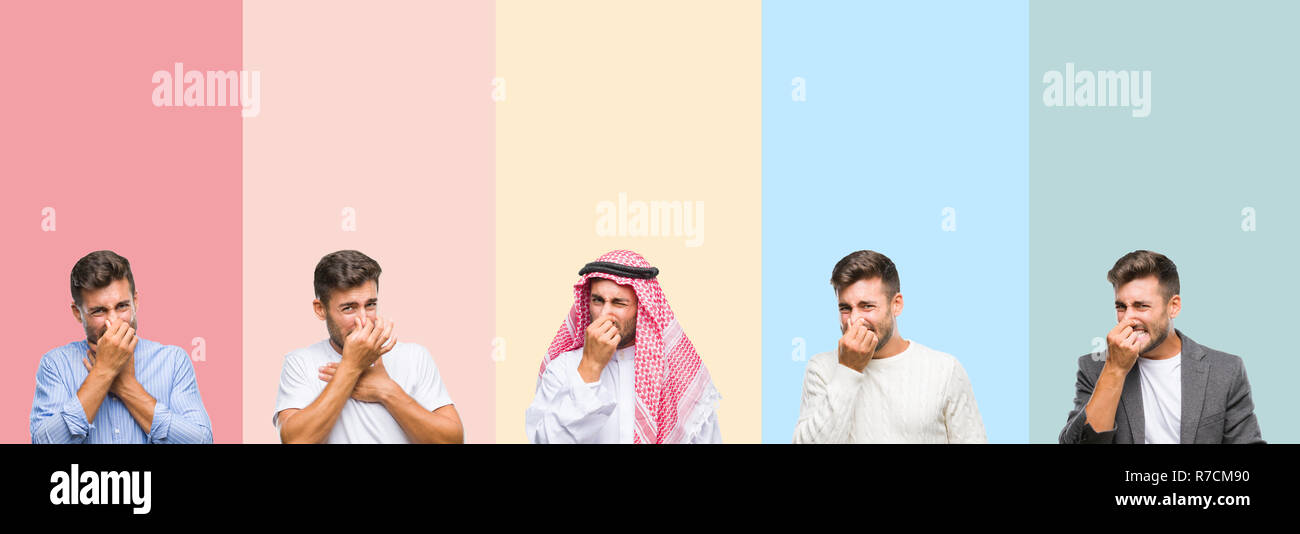 Collage of handsome young man over colorful stripes isolated background ...