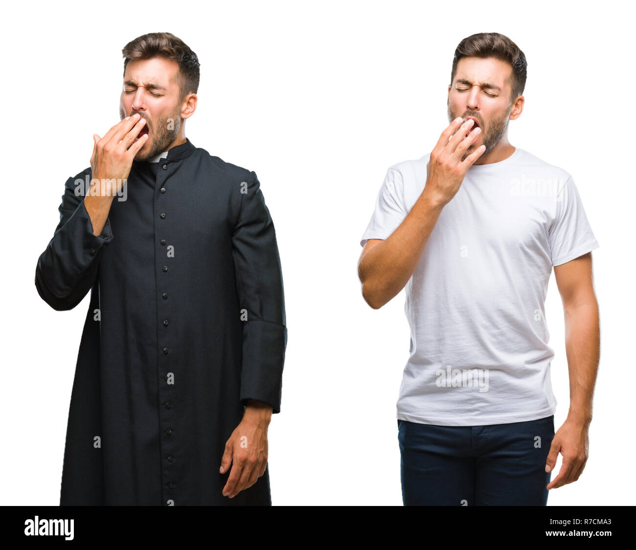 Collage of handsome young man and catholic priest over isolated ...