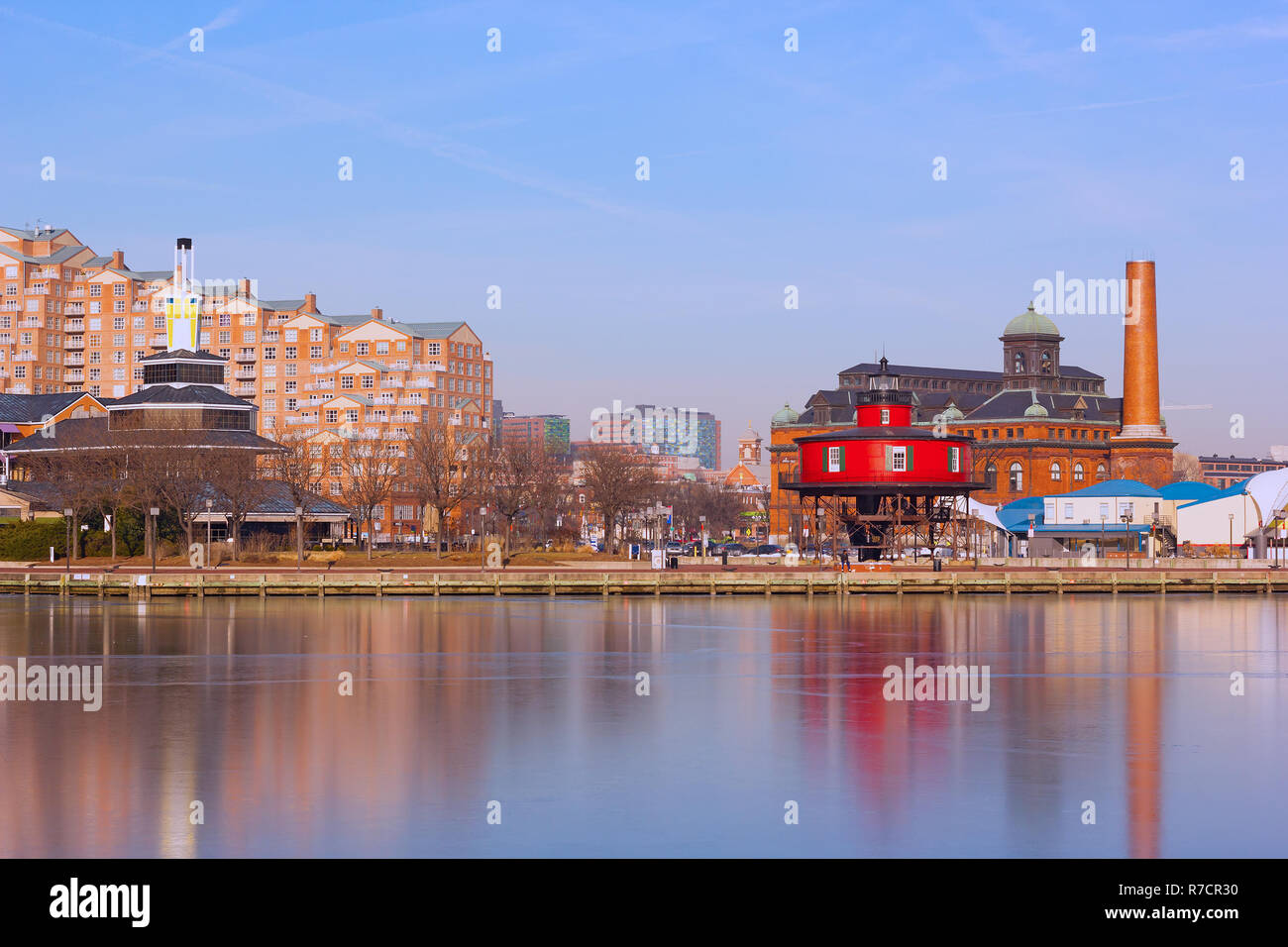 Baltimore downtown panorama with Seven Foot Knoll Lighthouse and waters ...