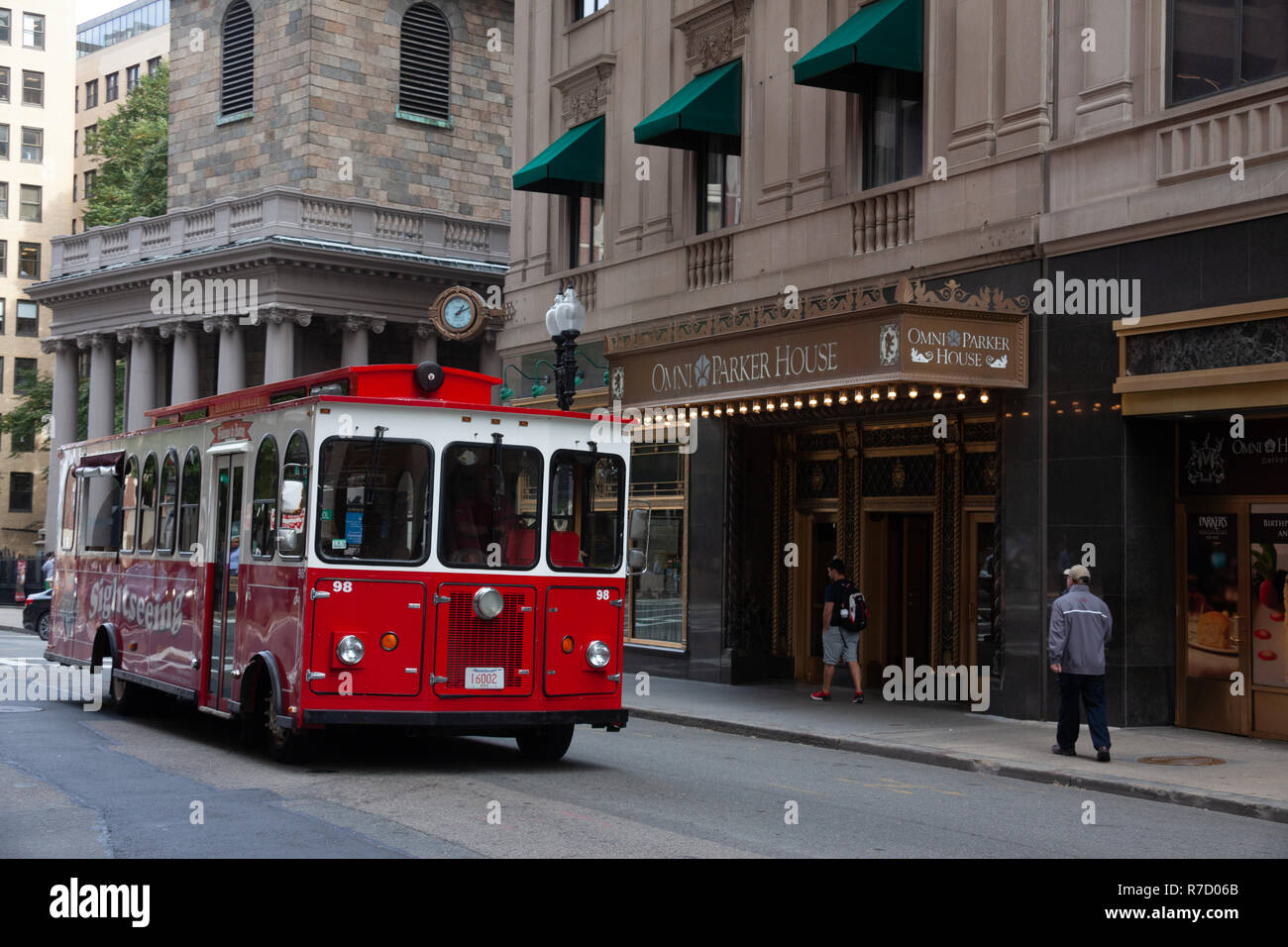 A red Beantown Trolley in front of the historic Omni Parker House Hotel ...